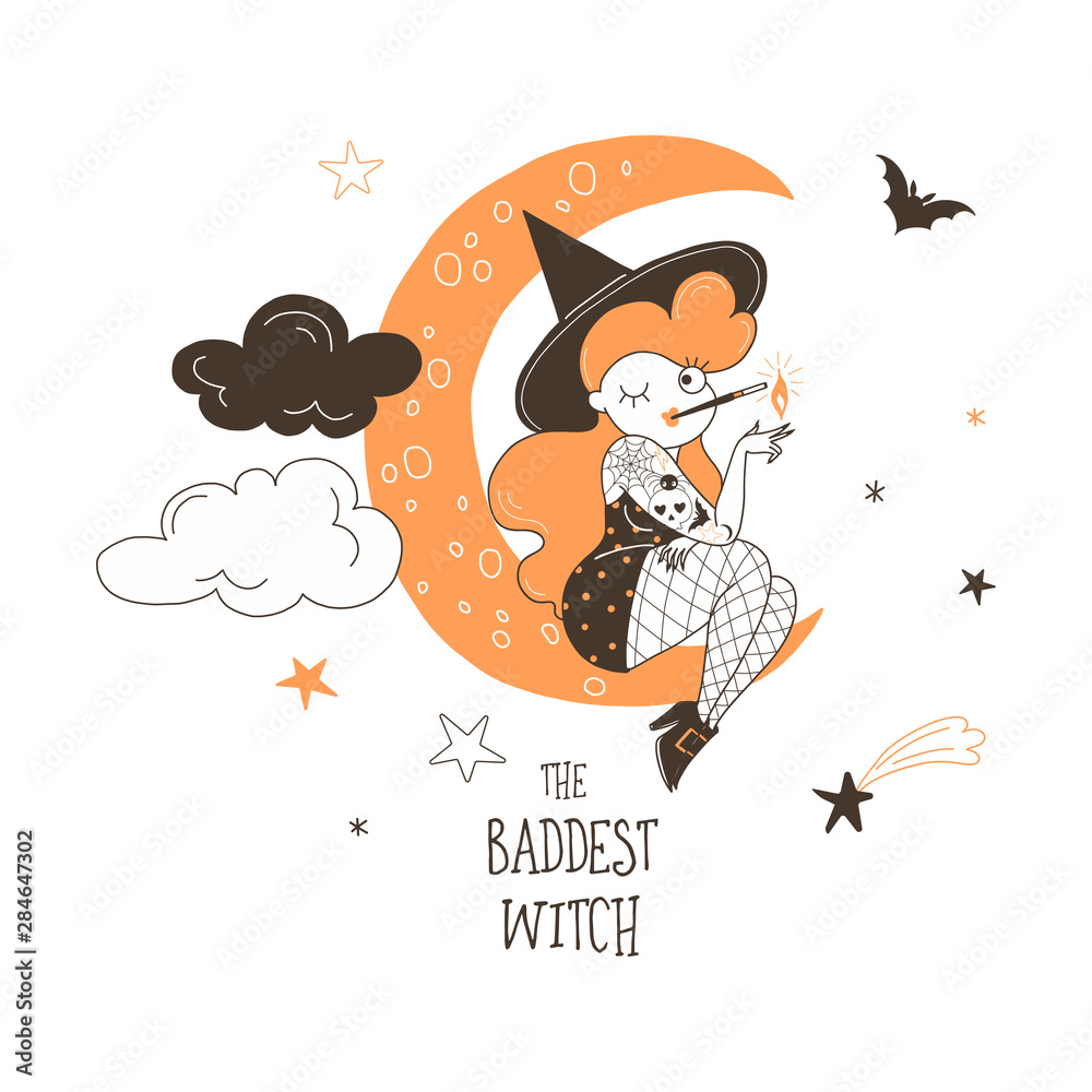 The baddest witch flat vector illustration. Smoking witchy girl sitting ...
