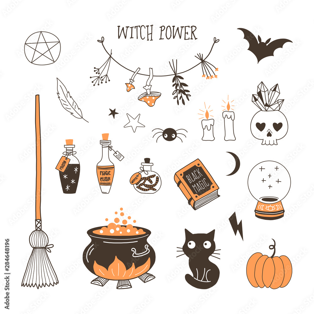 Witch power flat vector illustrations set. Black magic stuff, halloween ...