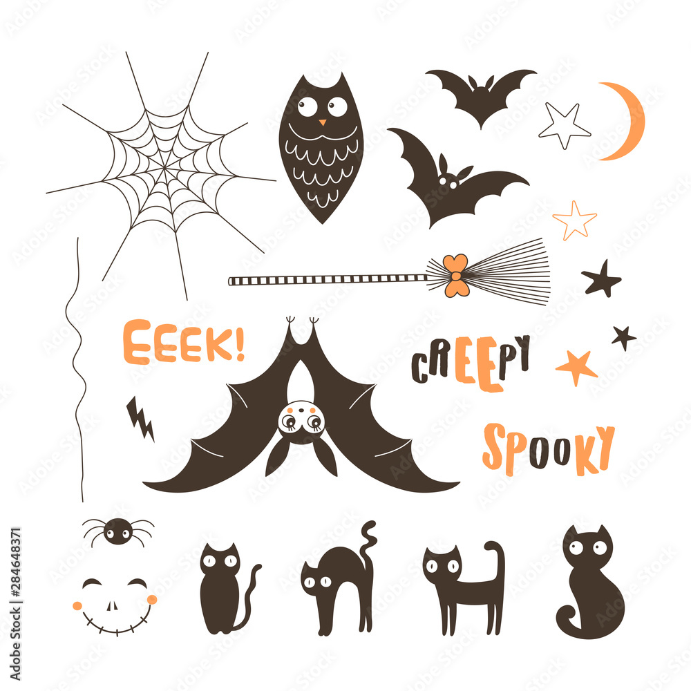 Halloween creatures flat vector illustrations set. Creepy animals ...