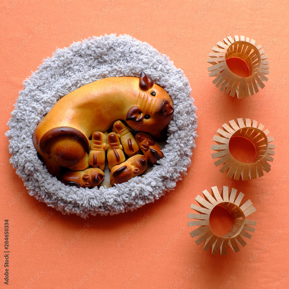 moon cake with mother pig and piglets shape on orange background Stock ...