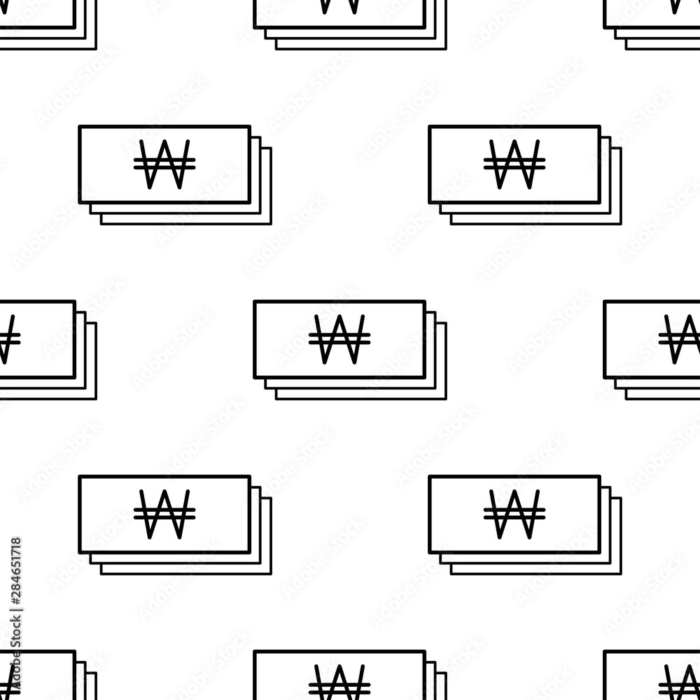 Paper money seamless pattern. White and black coin with won sign ...