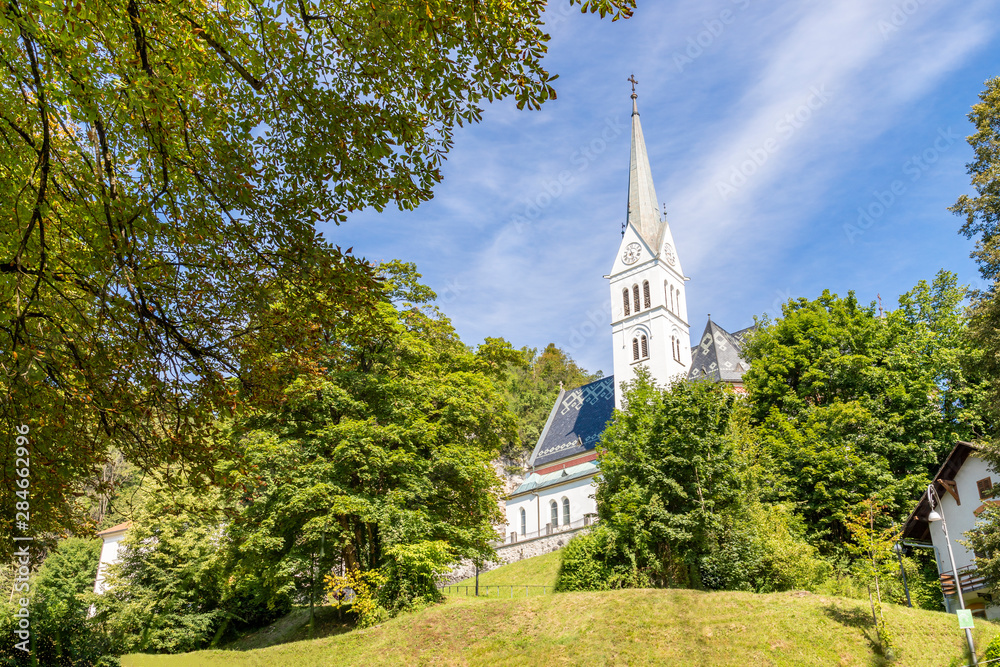 Church of St. Martin on lake of Bled. The current neo-Gothic church ...