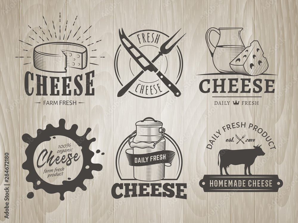 Vector cheese badges. Set of dairy logos with cheese slices, milk jug ...