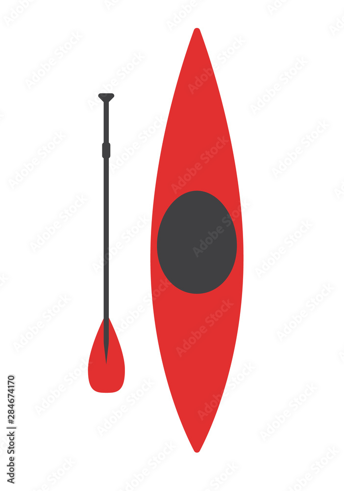 Vector flat cartoon red canoe with paddle isolated on white background ...