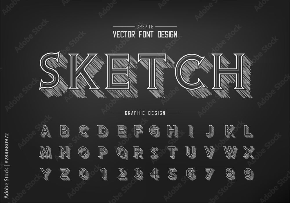 Pencil sketch shadow font and alphabet vector, Chalk idea typeface ...