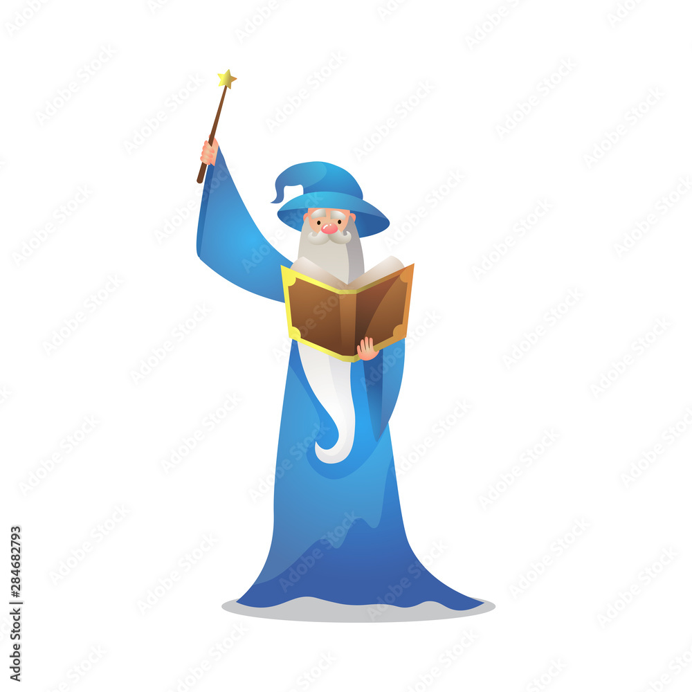Wizard character in action poses with the magic wand and book. Colorful ...