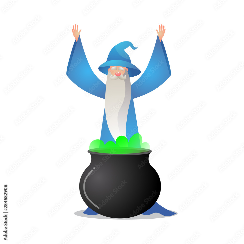 Wizard character in action poses with the pot and potion. Colorful ...