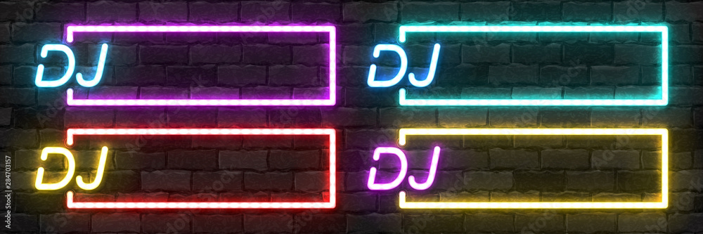 Vector set of realistic isolated neon sign of DJ frames for party ...