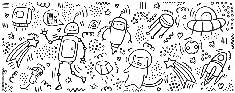 Robot doodle horizontal. Concept of futuristic technology for banners ...