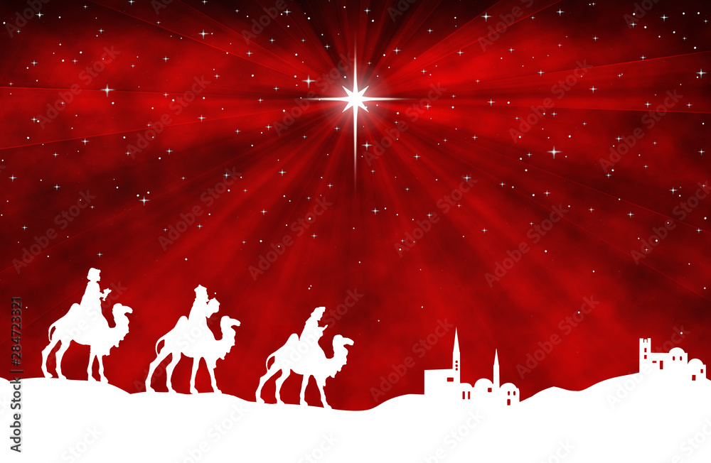 Christmas Nativity Scene white silhouette on red background Stock ...