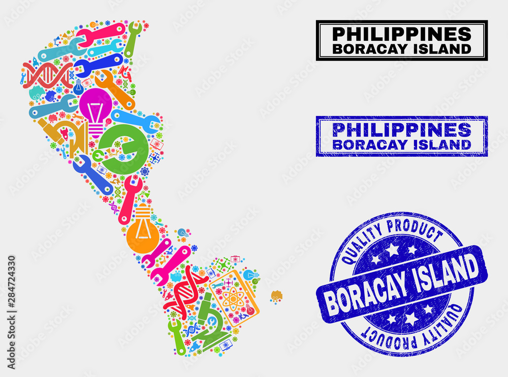 Vector collage of tools Boracay Island map and blue watermark for ...