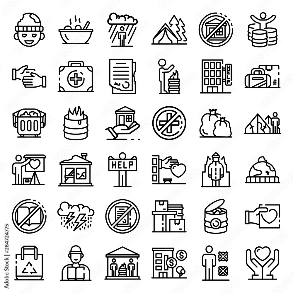 Homeless shelter icons set. Outline set of homeless shelter vector ...