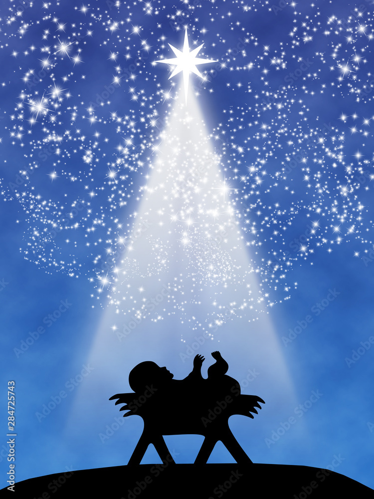 Chritmas Nativity Scene - Baby Jesus on blue starry background Stock ...
