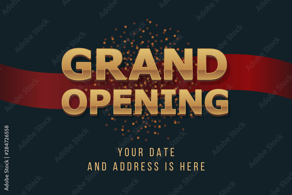Grand opening 3d gold word sign. Vector background. Scissors cutting ...