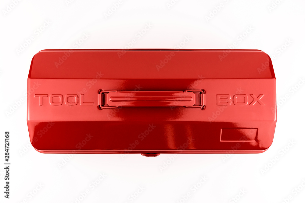 Classic red metal tool box lid shot from above in studio. Stock Photo ...