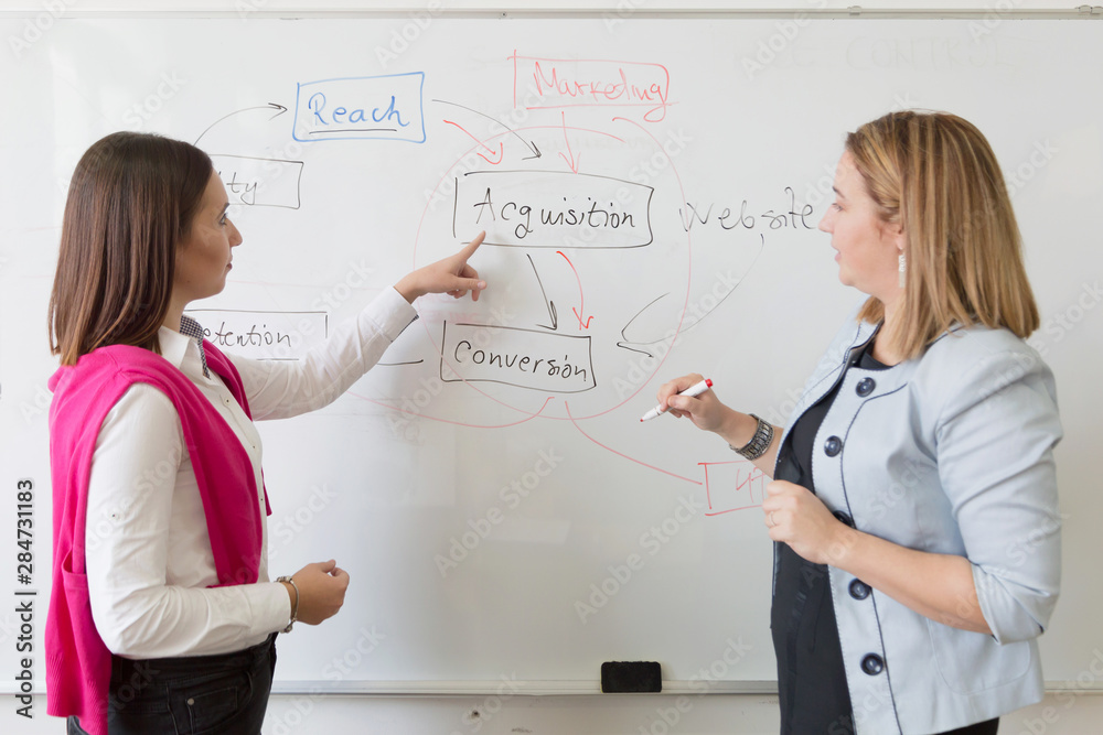 Female attractive professor explain lesson to students and interact ...