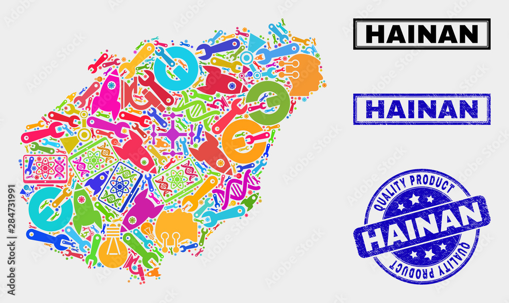 Vector collage of tools Hainan map and blue seal for quality product ...