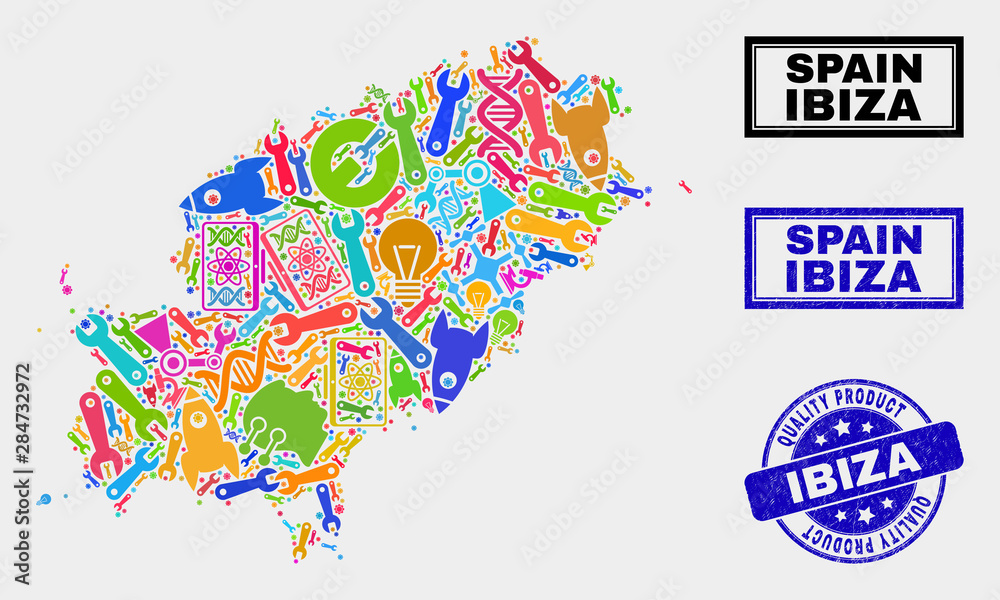 Vector collage of service Ibiza Island map and blue seal for quality ...