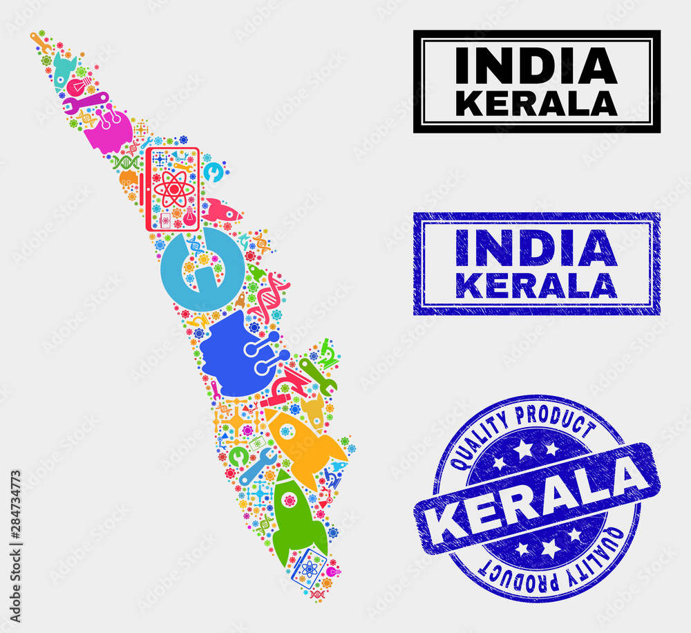 Vector collage of service Kerala State map and blue watermark for ...