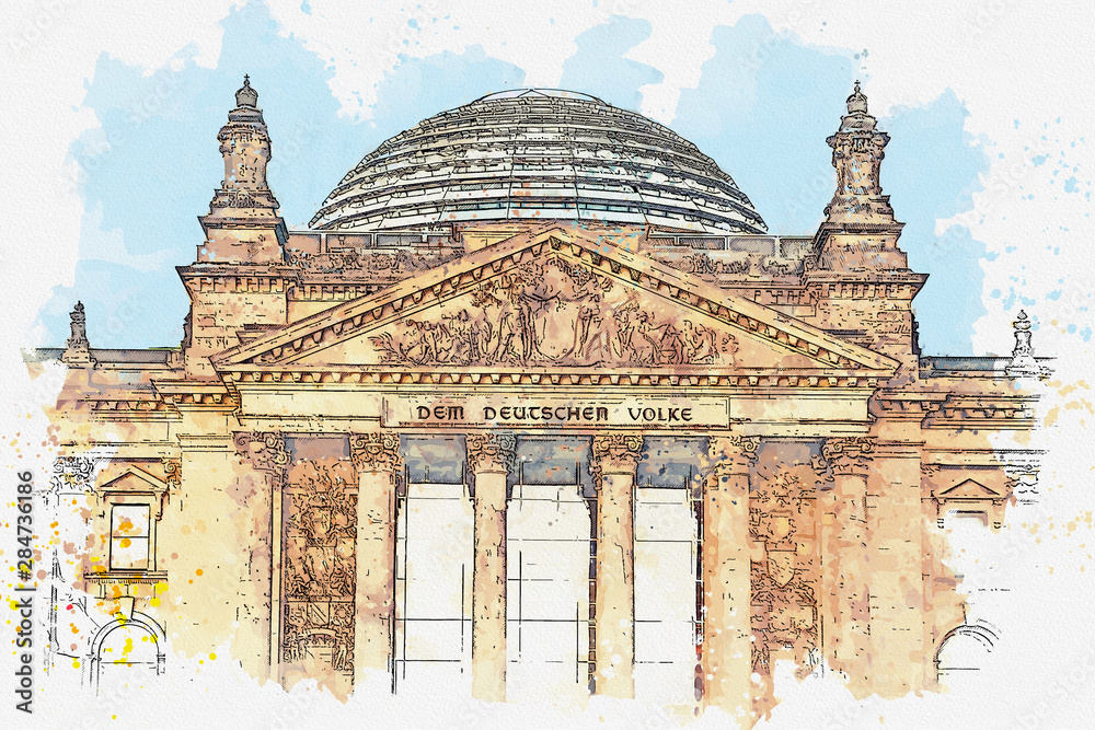 Watercolor sketch or illustration of a beautiful view of the Reichstag ...
