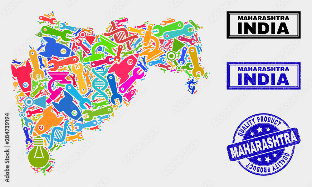 Vector collage of tools Maharashtra State map and blue seal for quality ...