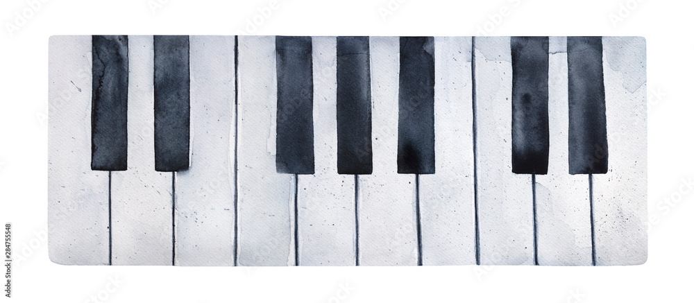 Watercolour illustration of piano keys, decorated with small drops and ...