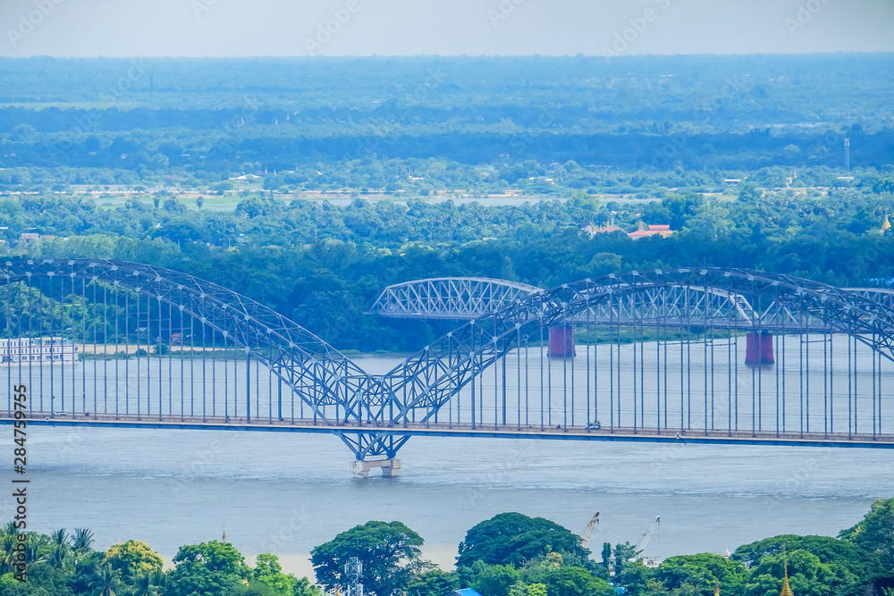 Irrawaddy Bridge or Ayeyarwady, Yadanabon Bridges with Mandalay city ...