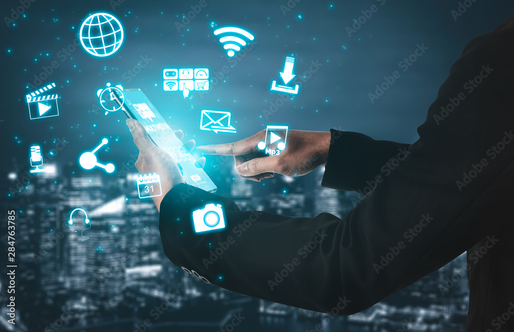 Stockfoto Multimedia and Computer Applications Concept. Business people using technology of ...