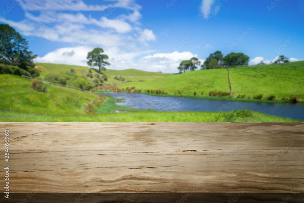 Brown wood table in summer farm green landscape with empty copy space ...