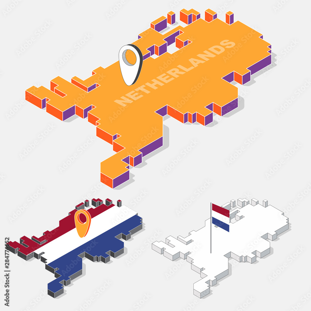 Netherlands flag on map element with 3D isometric shape isolated on ...