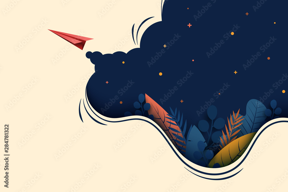 Red paper airplane flying on dark blue background with plants and leaf ...