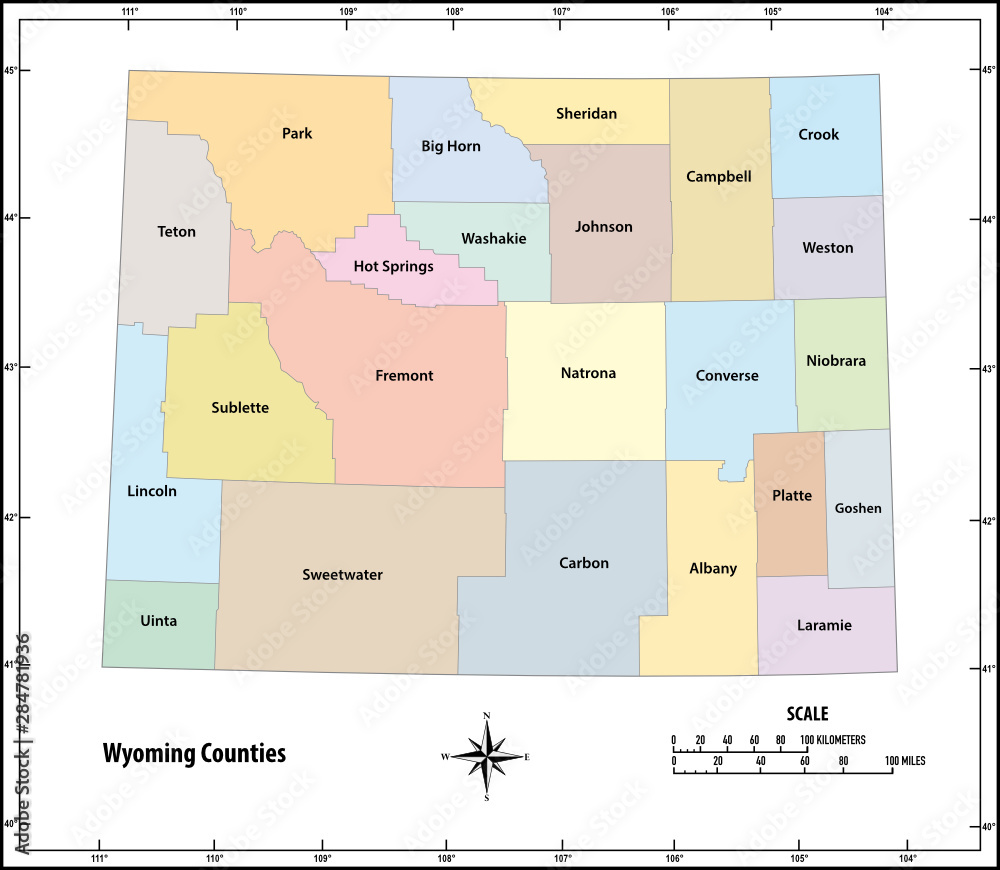 Wyoming state outline administrative and political map in color Stock ...
