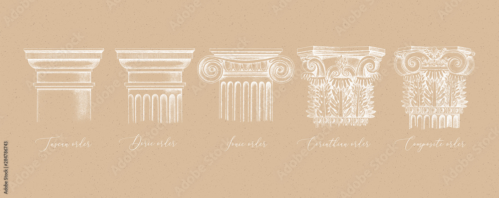 Vetor de Architectural orders. 5 types of classical capitals - tuscan, doric, ionic, corinthian ...