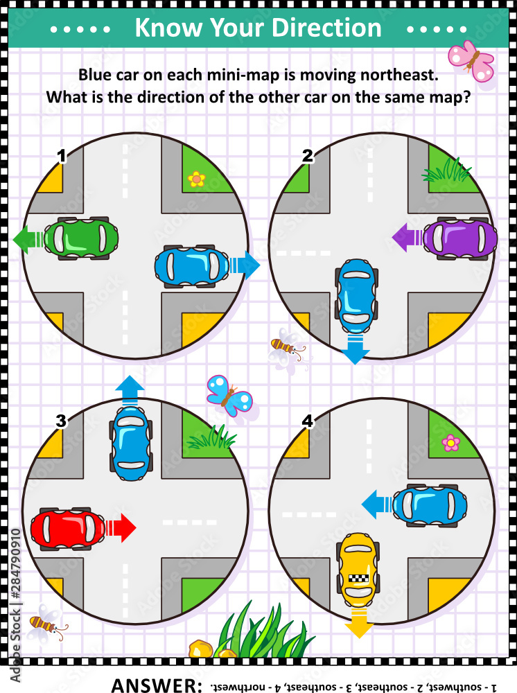 Map skills learning and training activity page or worksheet: Blue car ...