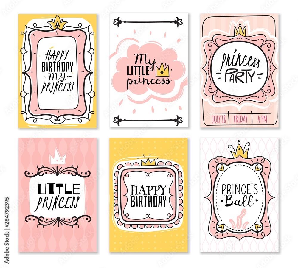 Princess cards. Vintage cute pink frame with gold crown, girl birthday ...