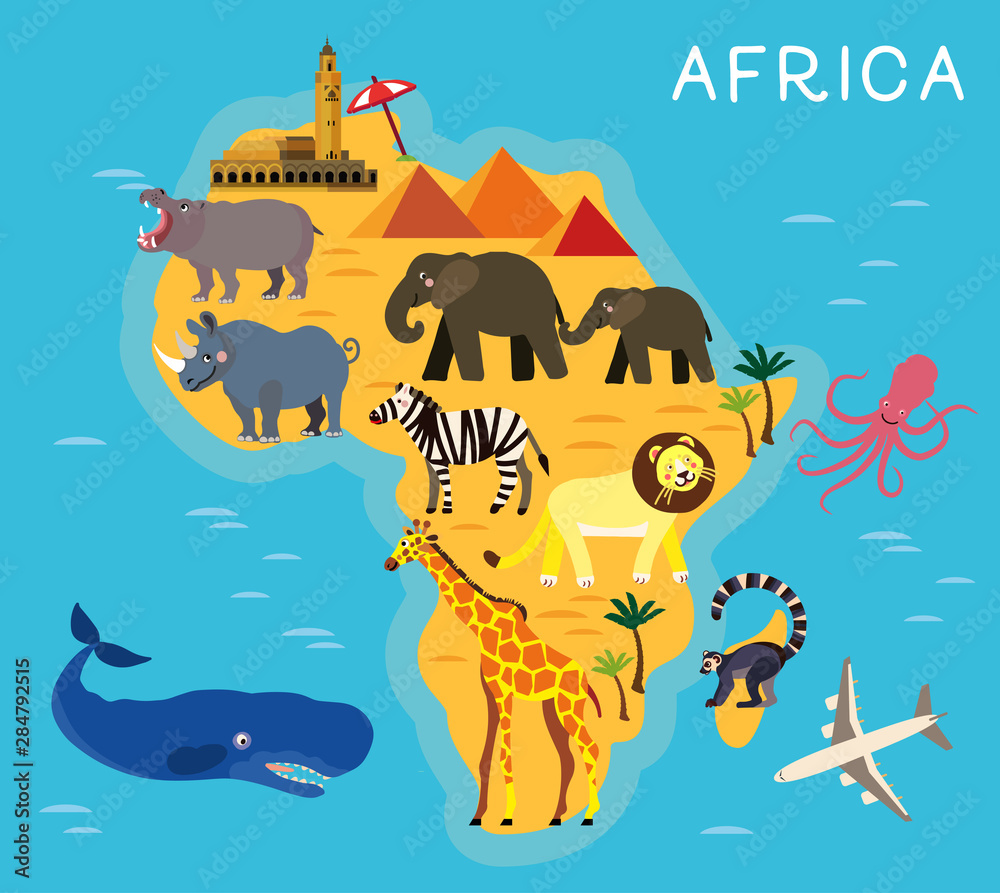 Africa Cartoon Animal Map for Children and Kids. Vector Illustration ...