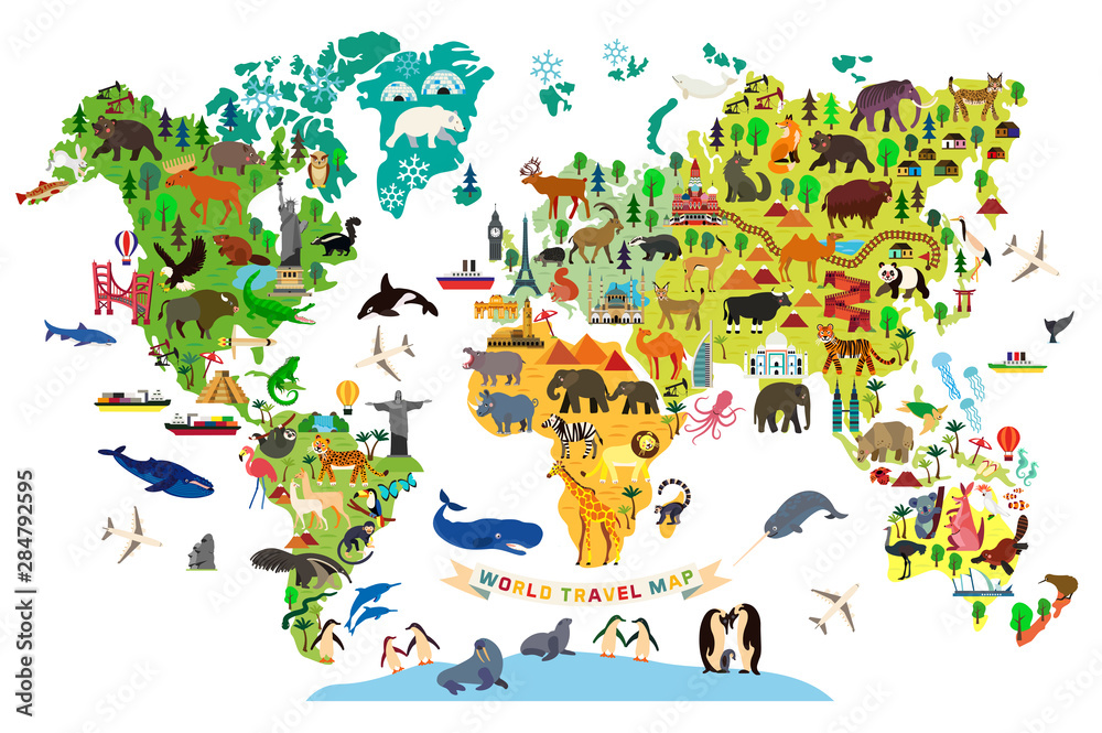 Animal Map of the World for Children and Kids. Vector. Stock Vector ...