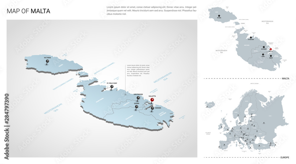 Vector set of Malta country. Isometric 3d map, Malta map, Europe map ...