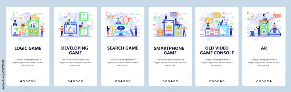 Mobile app onboarding screens. Different types of games. Video, console ...