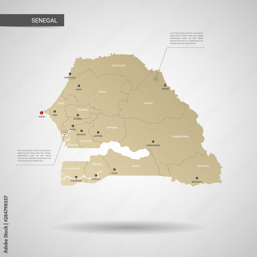 Stylized vector Senegal map. Infographic 3d gold map illustration with ...