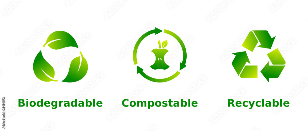 Biodegradable, compostable, recyclable sign set. Three green icons on white background with ...