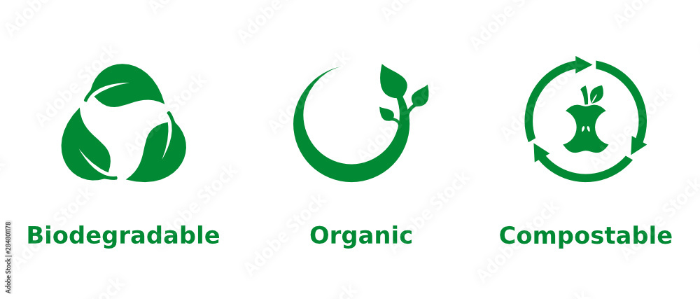 Biodegradable, organic, compostable icon set. Three green eco friendly ...