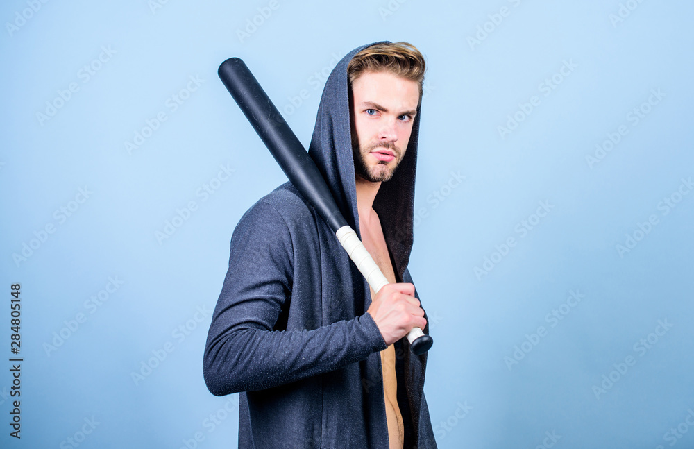 Bully mood. Bad boy concept. Man handsome bully guy with baseball bat ...