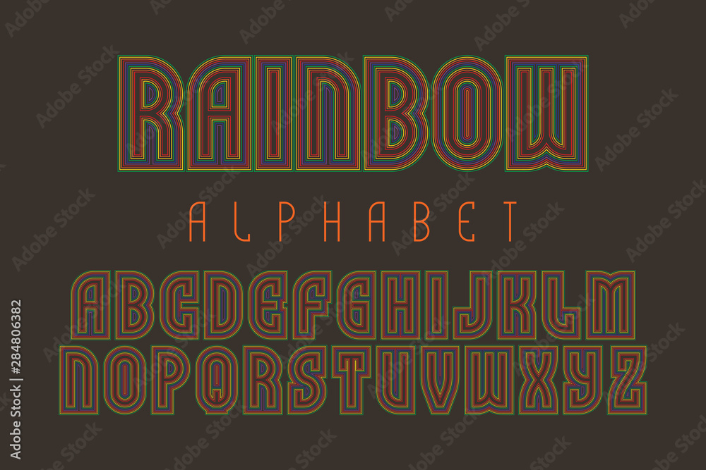 Rainbow alphabet of multicolored lines letters. Iridescent retro font ...