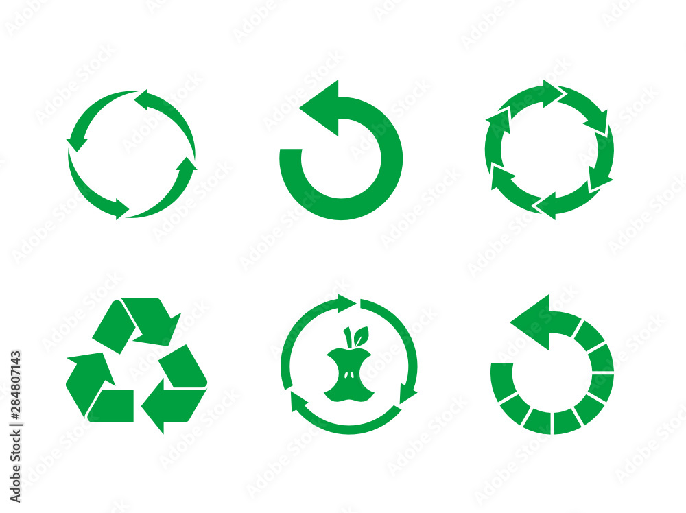 Green recycle sign set on white background. Reuse,renew, compost food ...