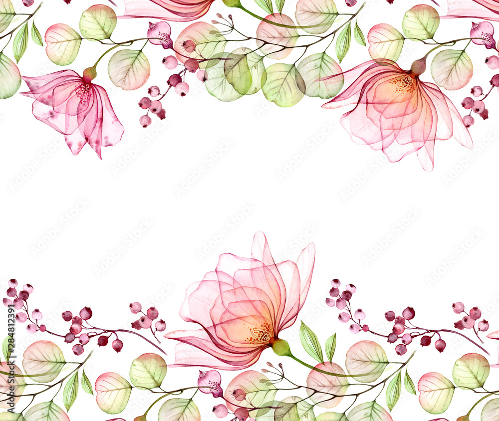 Transparent watercolor rose. Horizontal floral border. Isolated hand ...