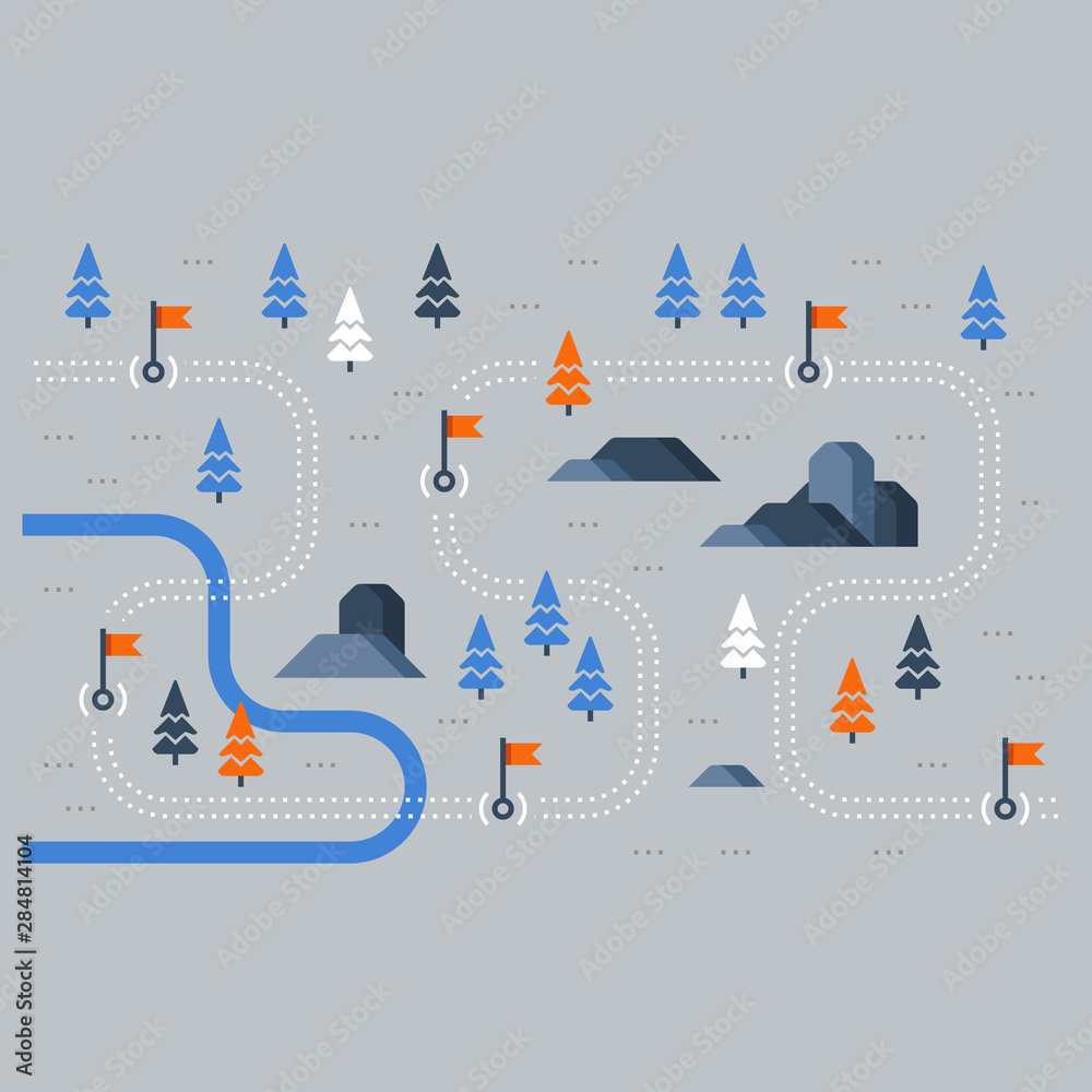 Trail map with flags, outdoor sport activity, countryside landscape ...