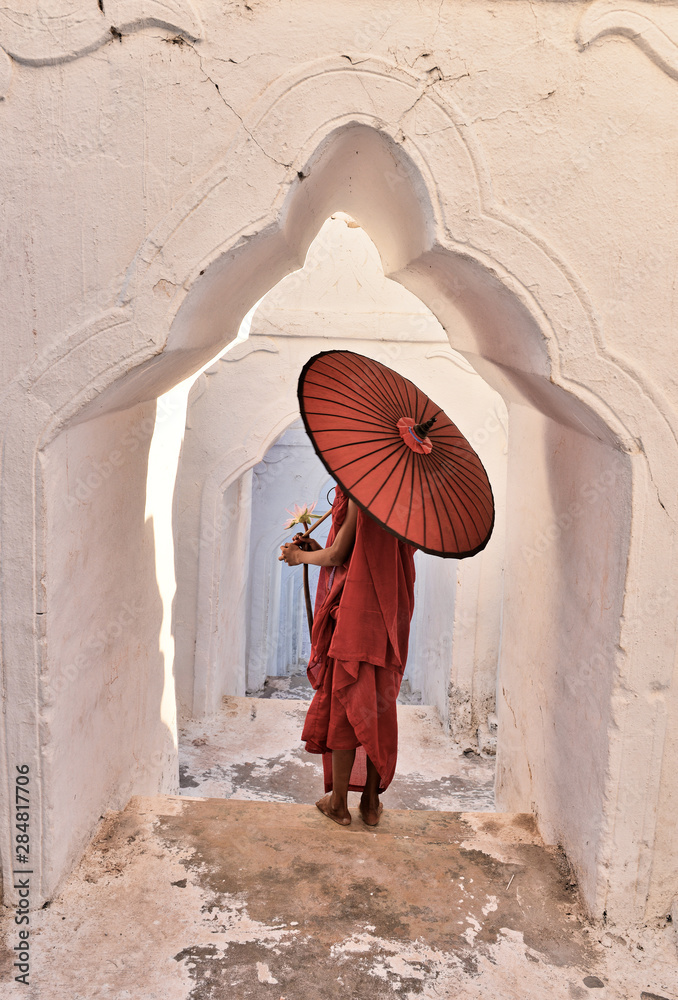 novice buddhist monks with red traditional robes holding red umbrellas ...