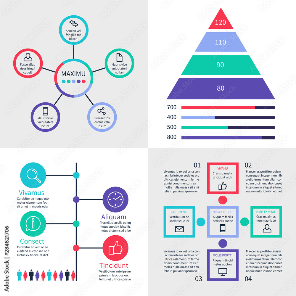 Infographic dashboard. Information banners with finance graphs, pyramid ...