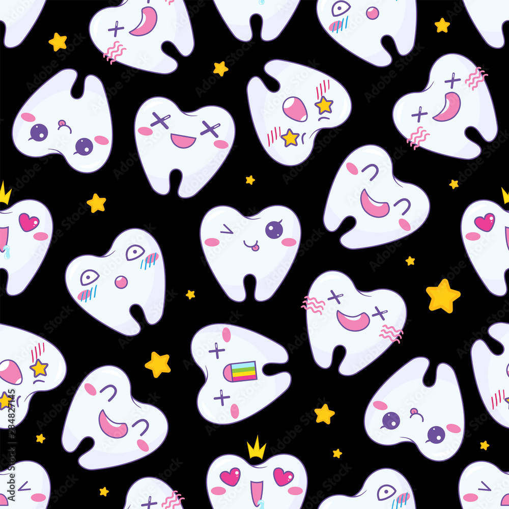 Vector seamless pattern with cartoon dental characters and cute stars on black background. Funny ...